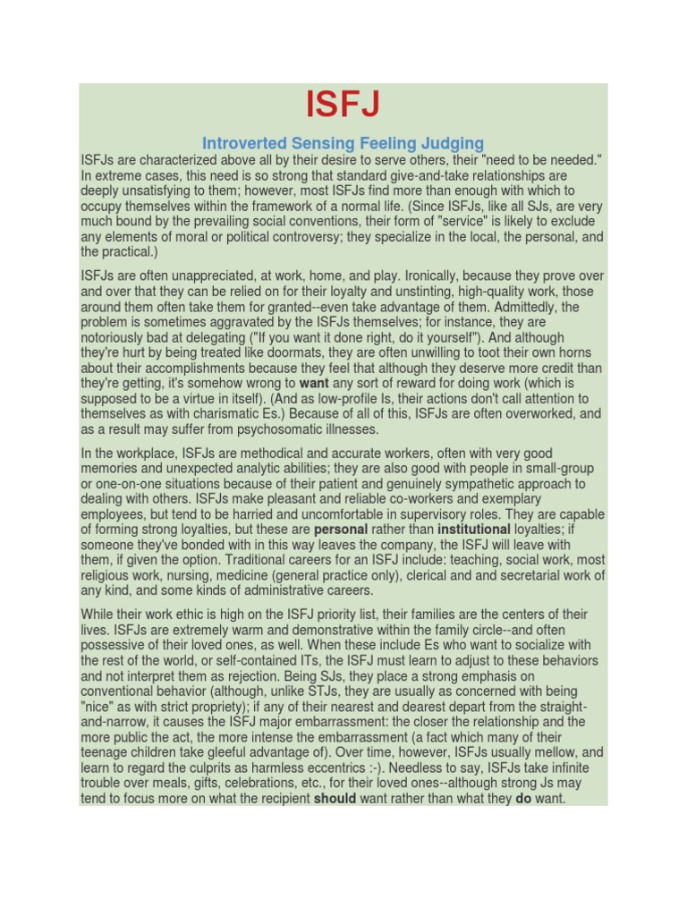 Introverted Sensing Feeling Judging | PDF | Personality Type ...
