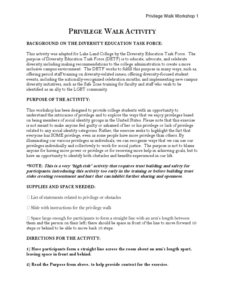 Privilege Walk Workshop Overview | PDF | Identity (Social Science) | Gender