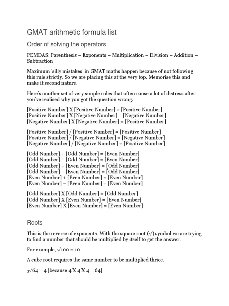 GMAT Arithmetic Formula List: Order of Solving The Operators | PDF ...
