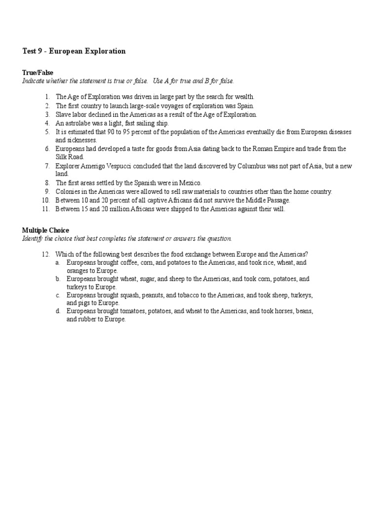 Test 9 - European Exploration: True/False | PDF | Age Of Discovery ...