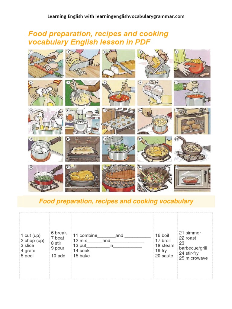 Food Preparation, Recipes and Cooking Vocabulary English Lesson in PDF ...