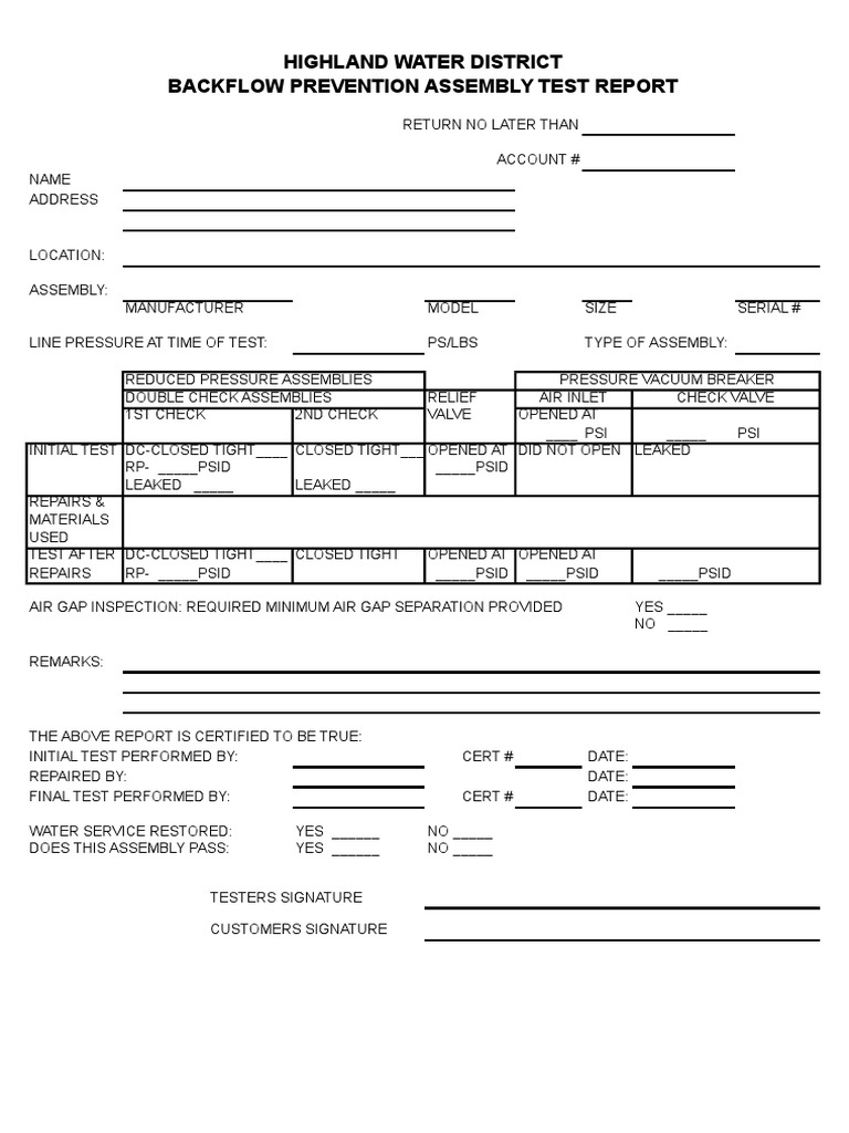 Highland Water District Backflow Prevention Assembly Test Report | PDF