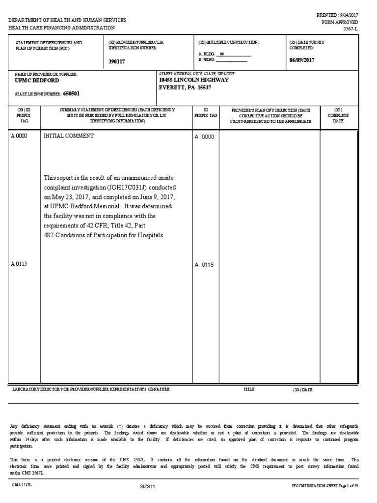 UPMC Bedford Memorial Deficiency Report | PDF | Medical Ethics | Patient