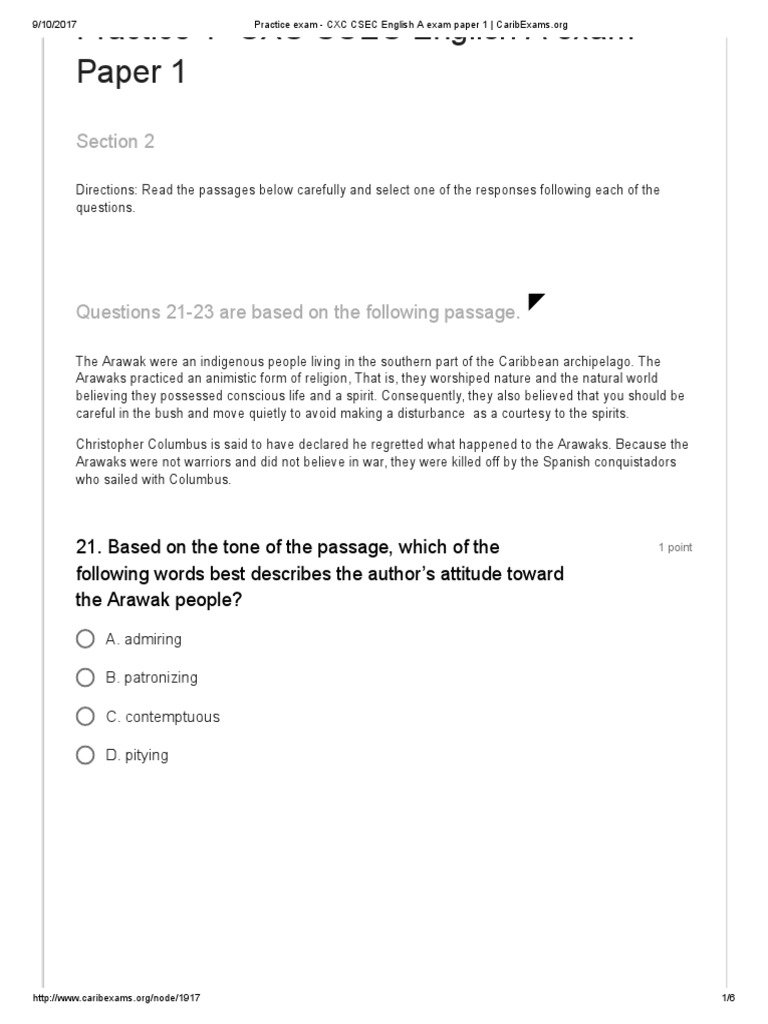 Practice Exam - CXC CSEC English A Exam Paper 1 - CaribExams2 | PDF ...