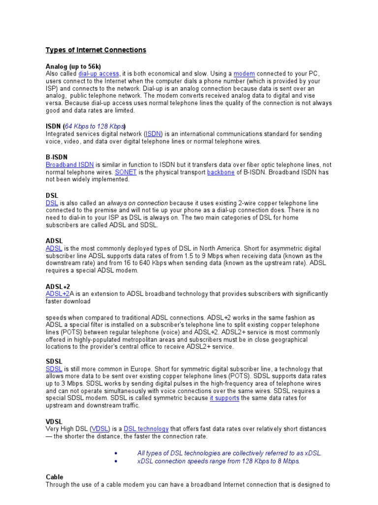 Type Internet Connection | PDF | Digital Subscriber Line | Internet Access