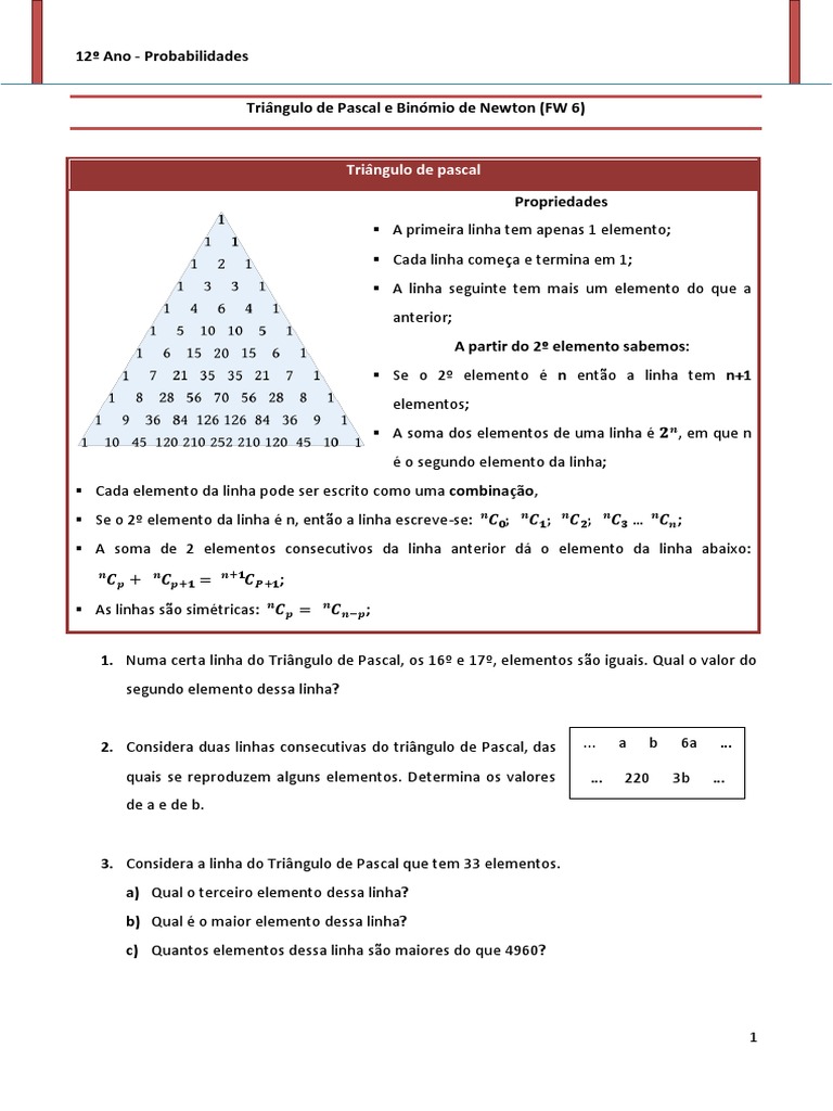 FW 6 - Triangulo de Pascal e Binómio de Newton | PDF | Triângulo | Equações