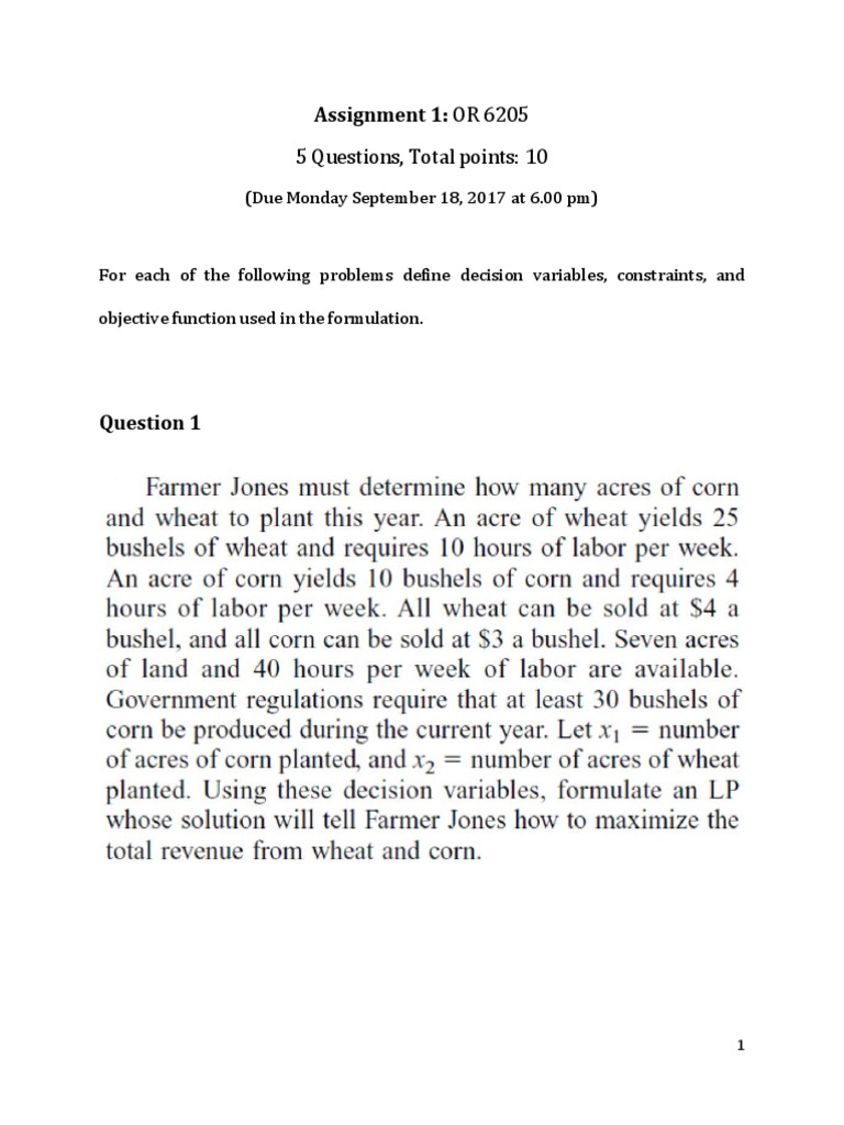 Assignment 1: OR 6205: 5 Questions, Total Points: 10 | PDF
