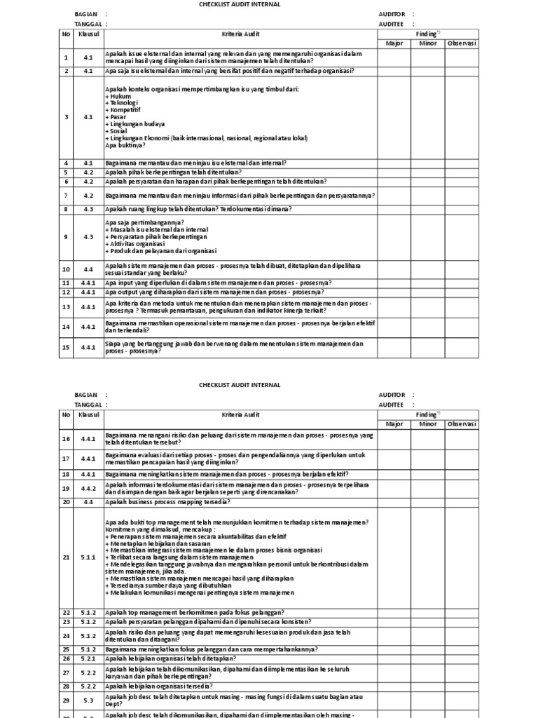 Checklist Audit Internal ISO 9001 | PDF