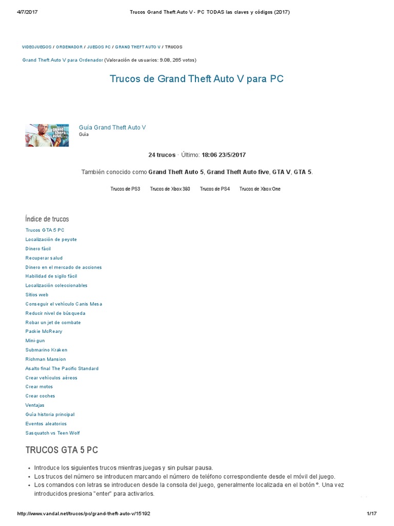 Trucos Grand Theft Auto V - PC TODAS Las Claves y Códigos (2017) | PDF ...