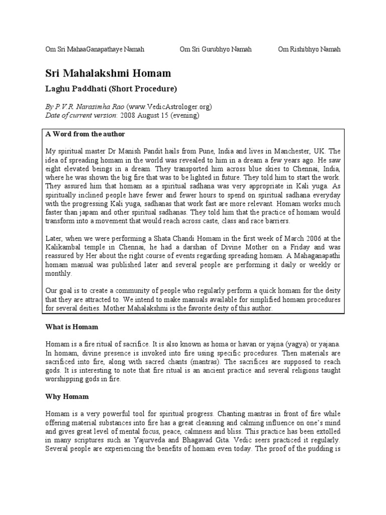 Lakshmi Homam | PDF | Religion And Belief