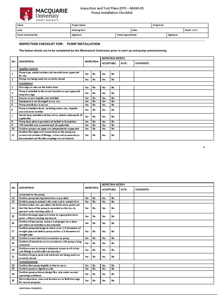 Inspection and Test Plans (ITP) - MUM-05 Pump Installation Checklist ...