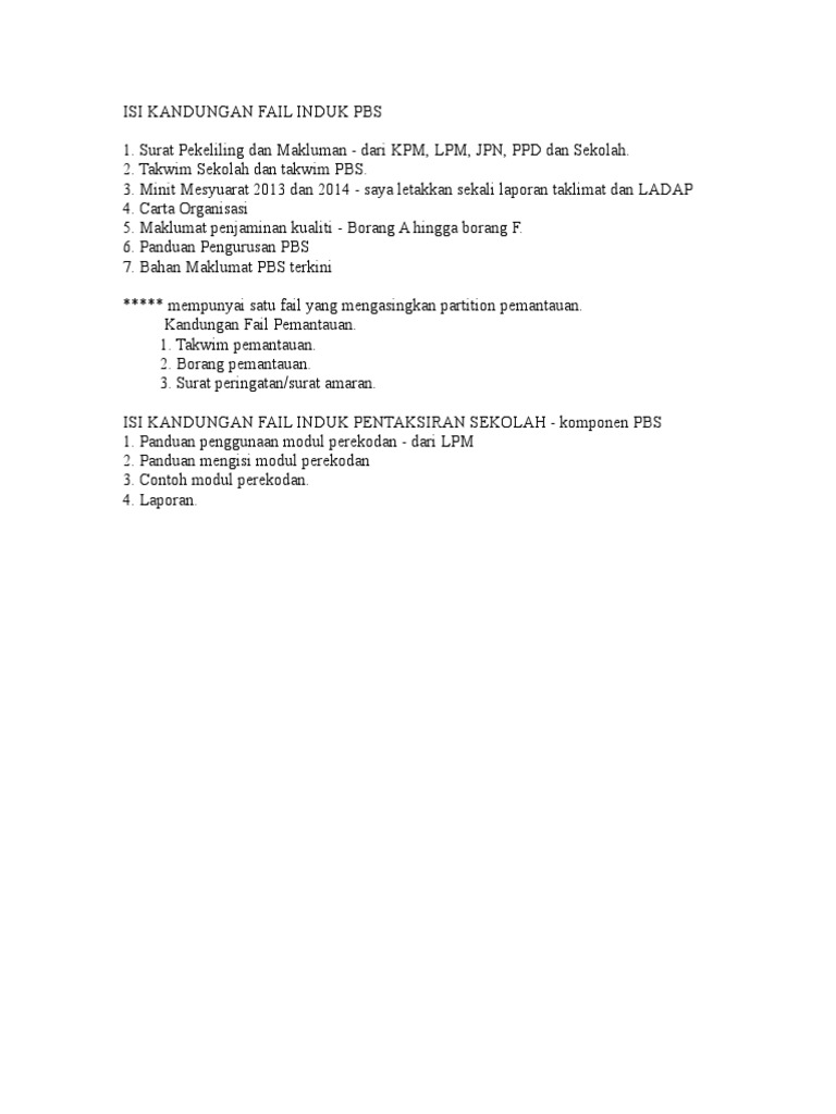Isi Kandungan Fail Induk Pbs | PDF