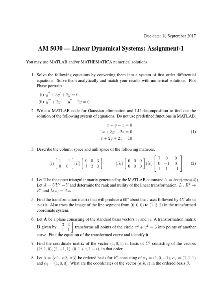 AM 5030 - Linear Dynamical Systems: Assignment-1 | PDF | Matrix ...