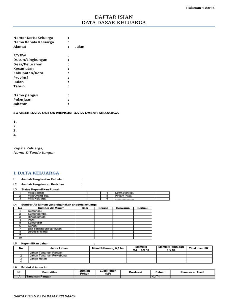 Form Pendataan Data Dasar Keluarga Profile Profile Desa | PDF