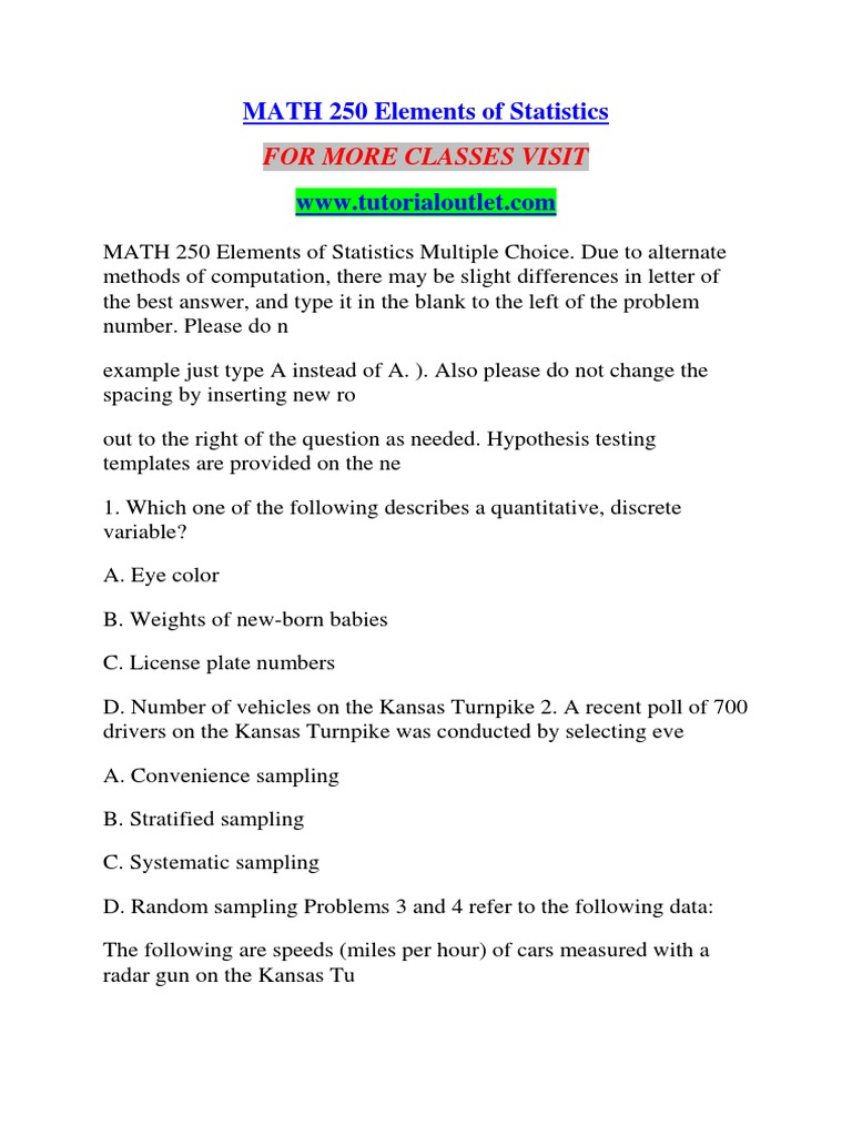 Math 250 Elements of Statistics / Tutorialoutlet Dot Com | PDF ...