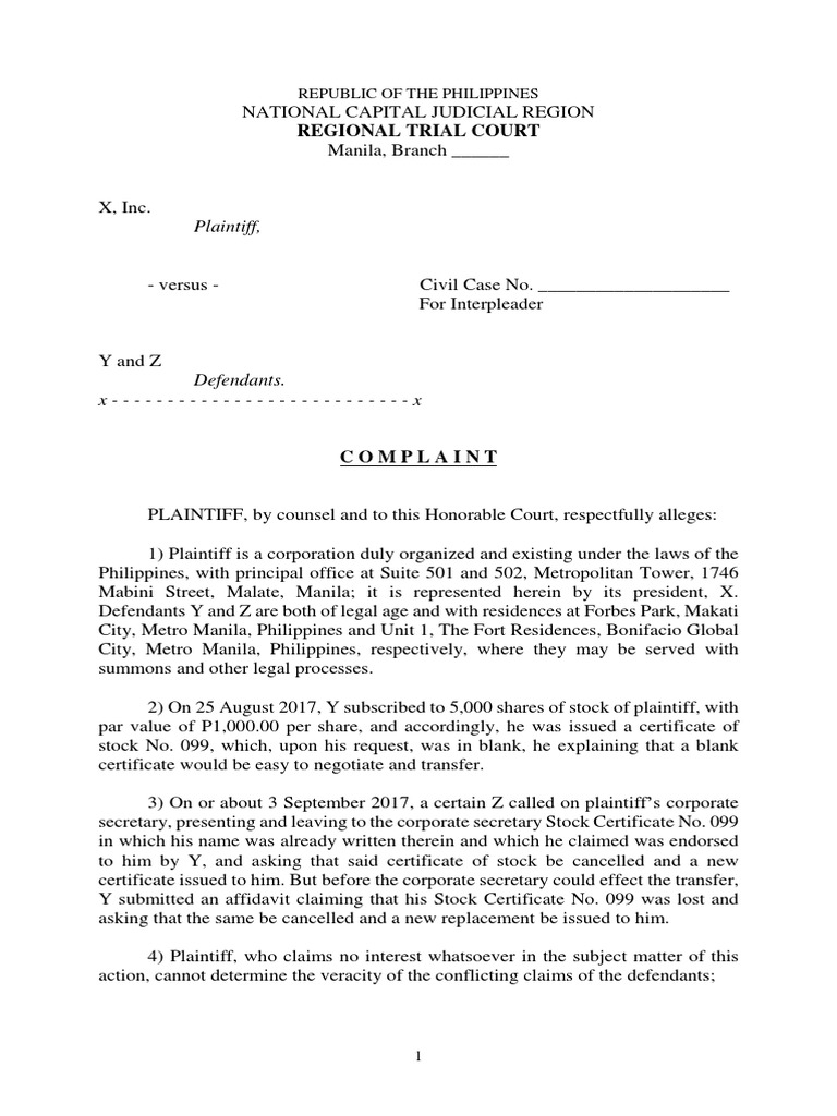 Complaint in Interpleader | PDF | Lawsuit | Metro Manila