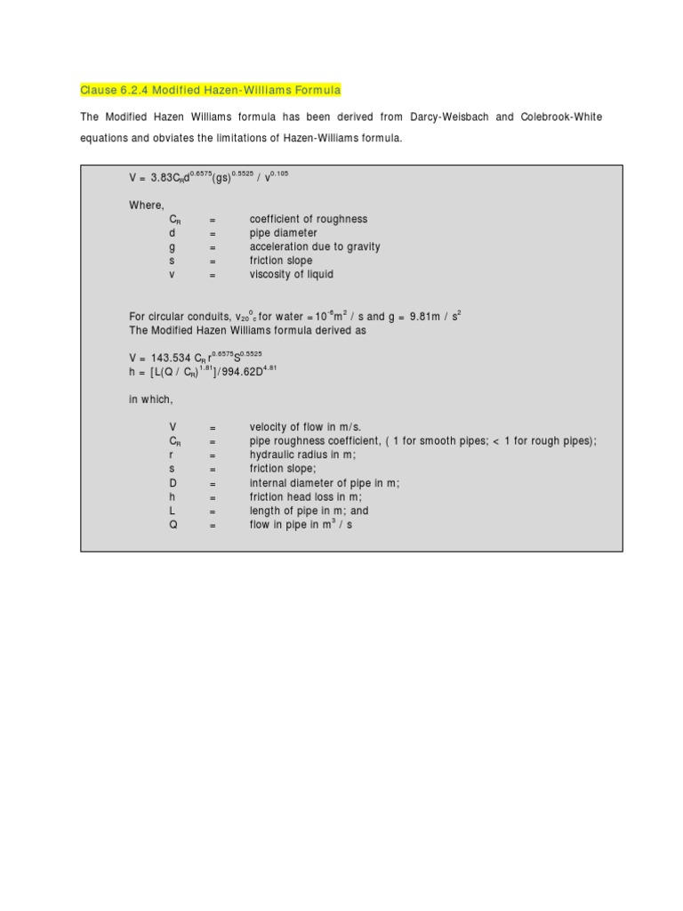 Hazen and William's Formula | PDF