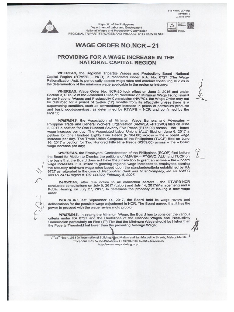 Wage Order No. NCR-21 | PDF
