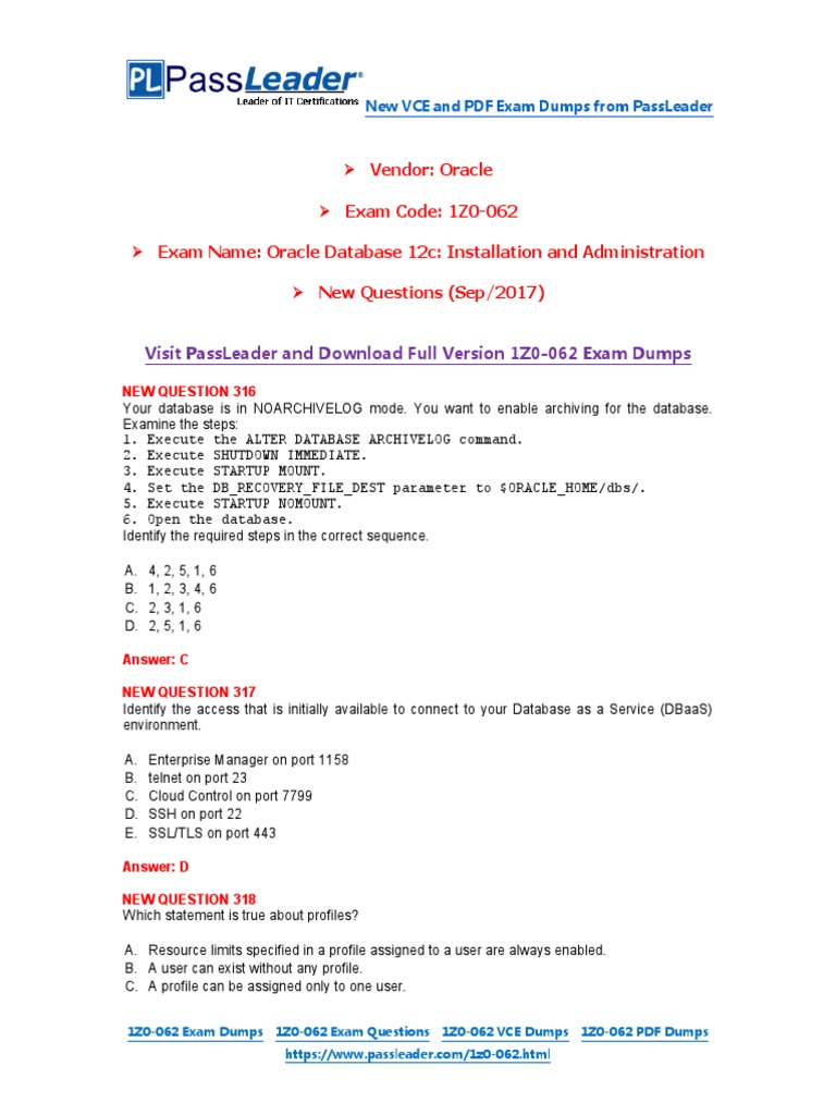 1Z0-062 Oracle Exam Dumps and Questions | PDF | Oracle Database | Cache ...