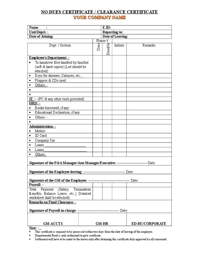 No Dues Certificate / Clearance Certificate Your Company Name | PDF