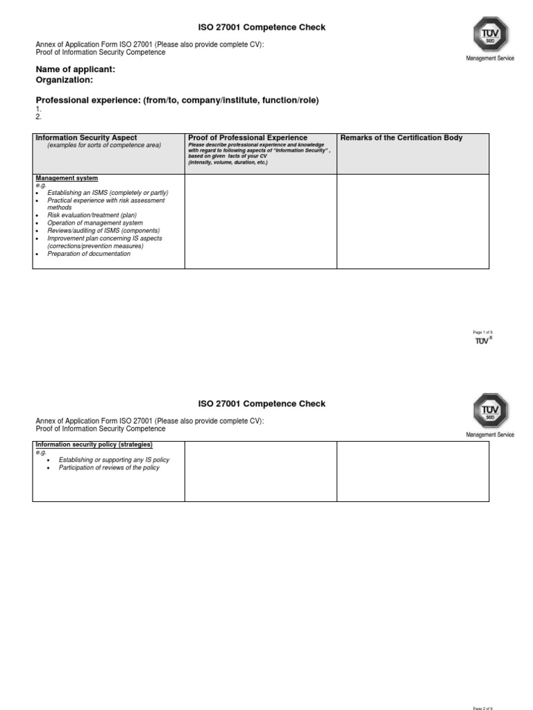 ISO 27001 Competence Assessment Form | PDF | Information Security ...