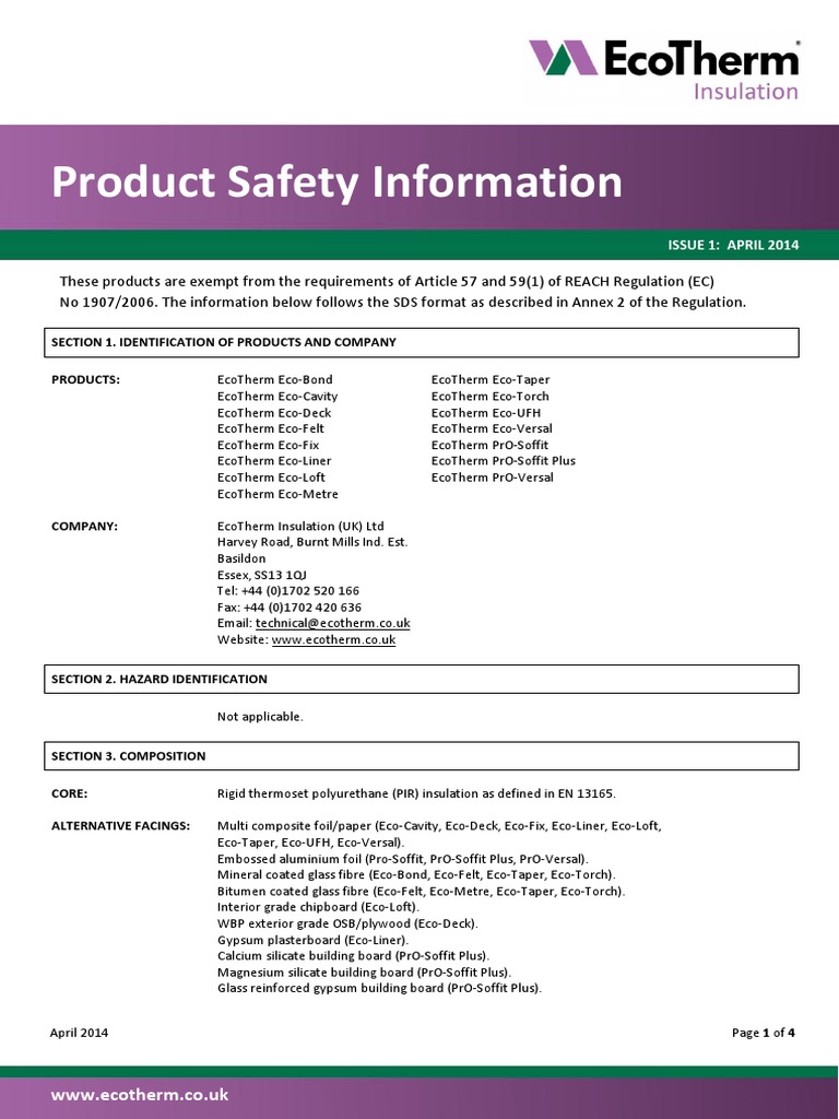 EcoTherm MSDS Sheet - April 2014 | Fiberglass | Materials