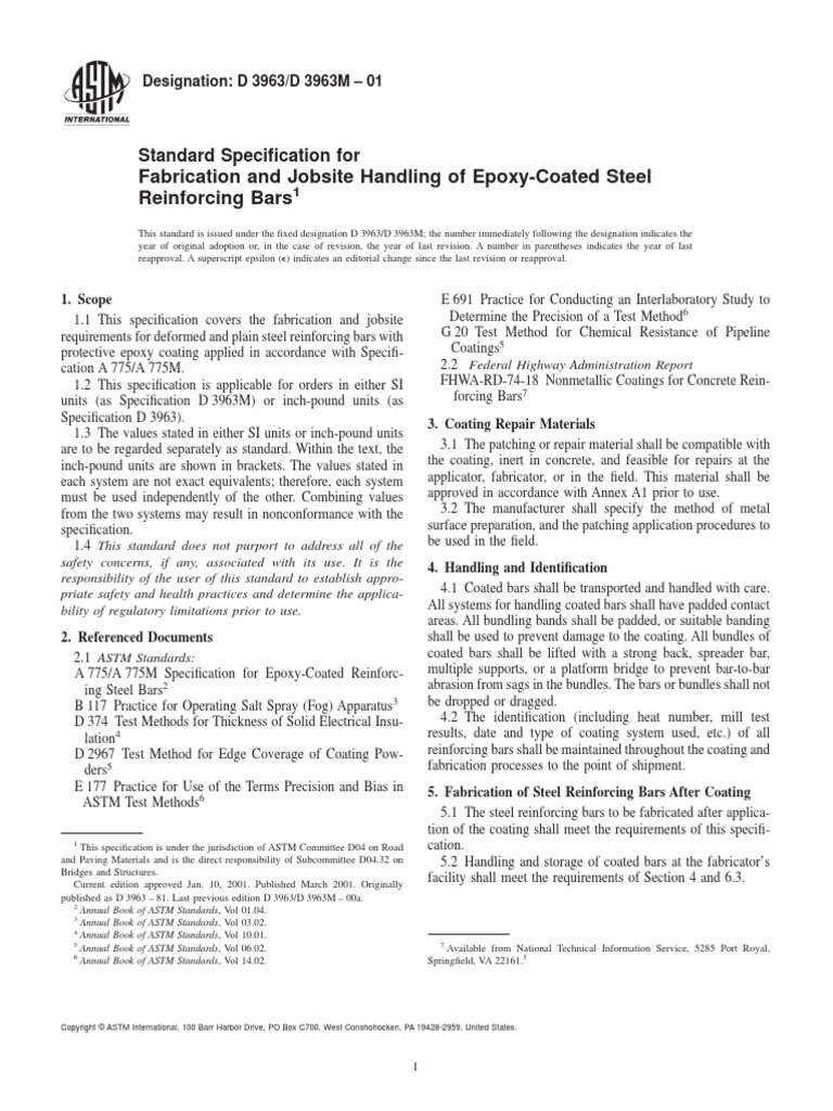 ASTM D3963 & D3963M-01 - Epoxy Coated Steel Reinforcing Bars | PDF ...