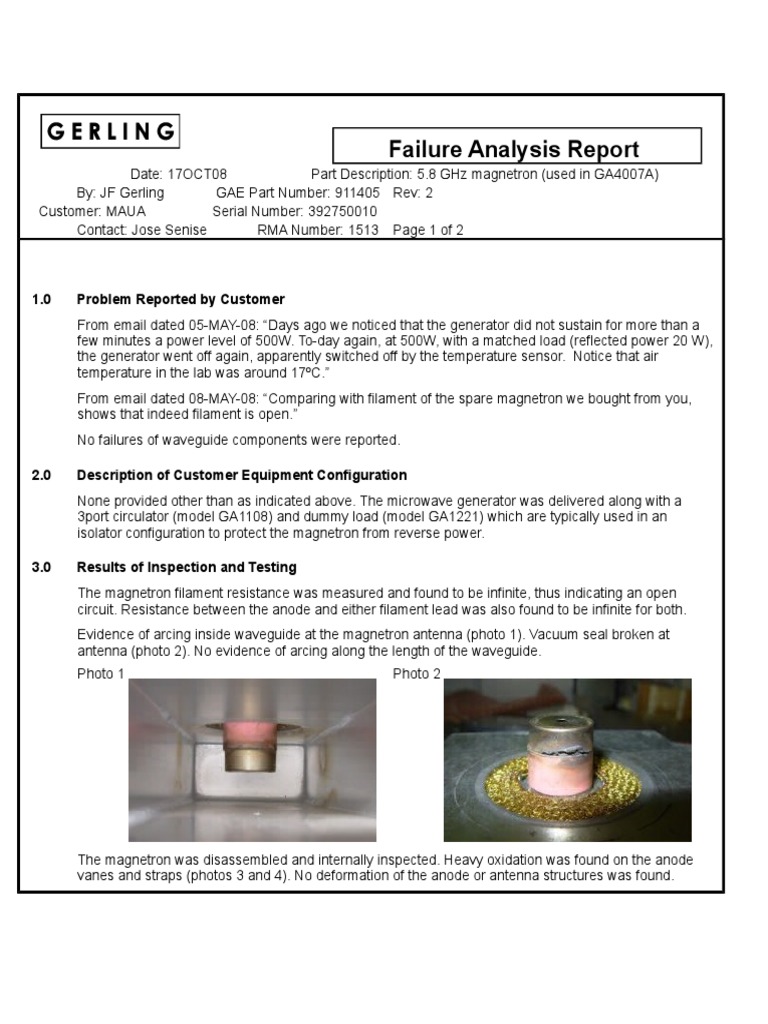 Failure Analysis Report: 1.0 Problem Reported by Customer | PDF ...