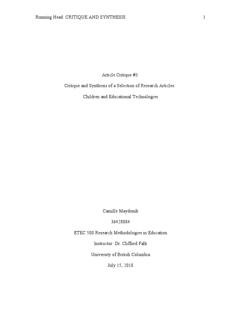 ETEC 500 - Article Critique #3 | PDF | Teachers | Gender