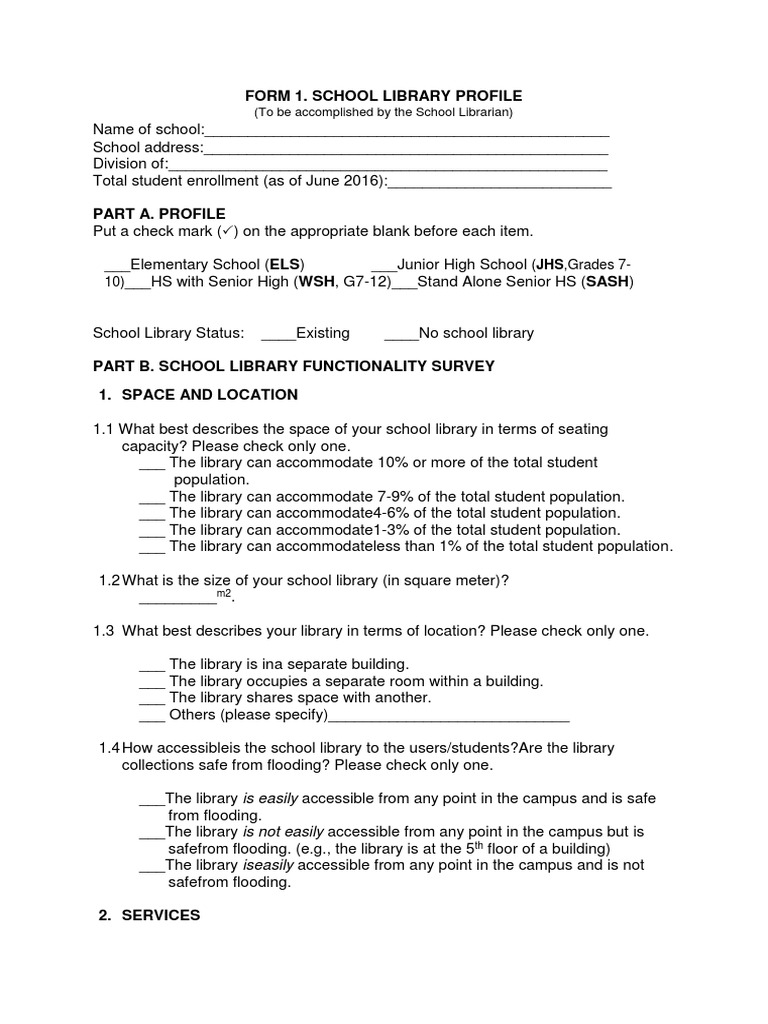 Form 1 School Library Profile | Download Free PDF | School Library ...