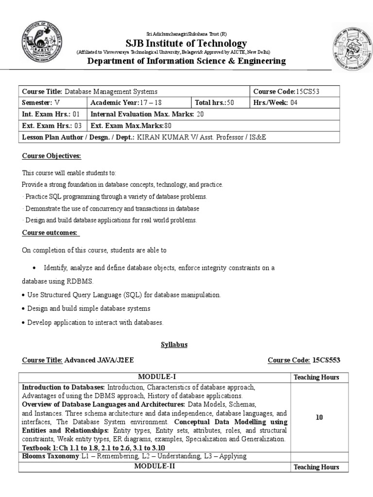 Dbms Lesson Plan With Out Dates Relational Database Databases