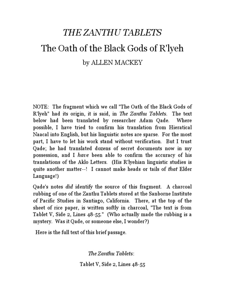 The Zanthu Tablets - The Oath of The Black Gods of R'Lyeh by Allen ...