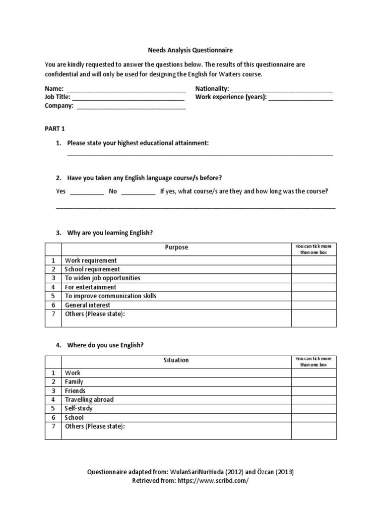 Needs Analysis Questionnaire | PDF | English Language | English As A ...