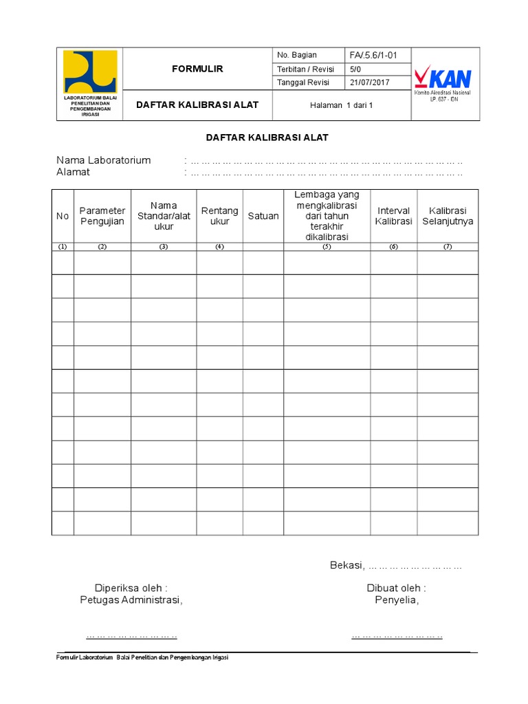 FA.5.6.1-01 (Formulir Daftar Kalibrasi Alat) Revisi