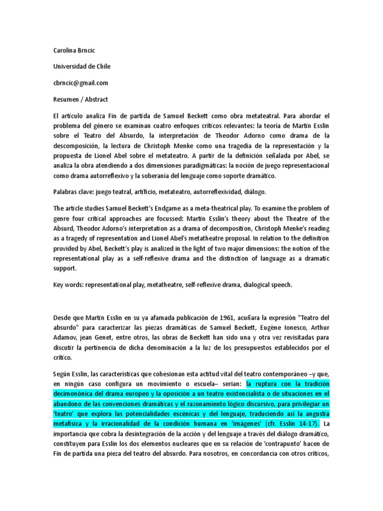 El análisis de Fin de partida de Samuel Beckett como obra metateatral a ...
