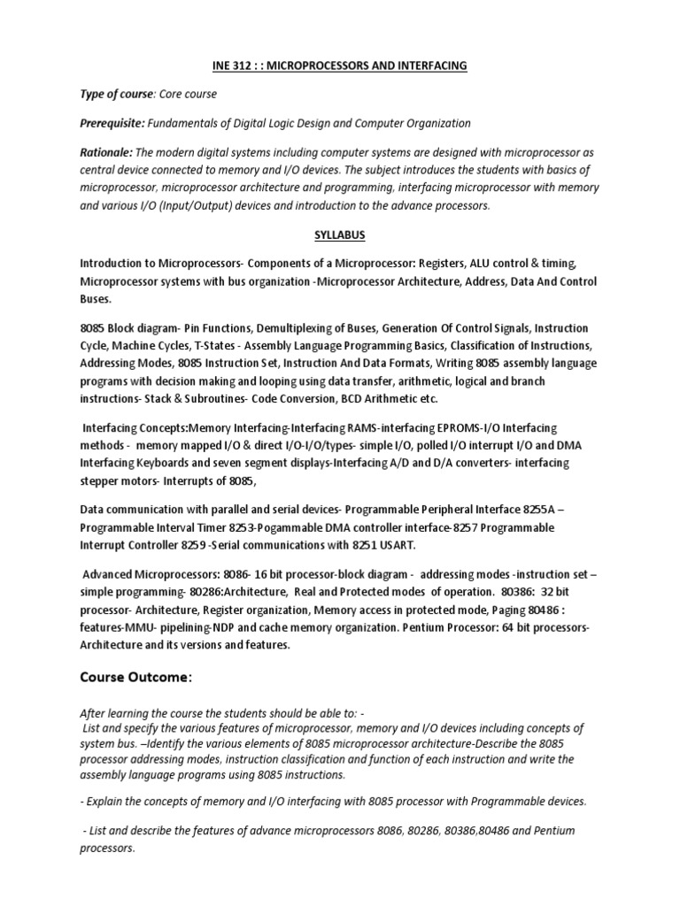 Ine 312:: Microprocessors and Interfacing: Course Outcome | PDF | Input ...