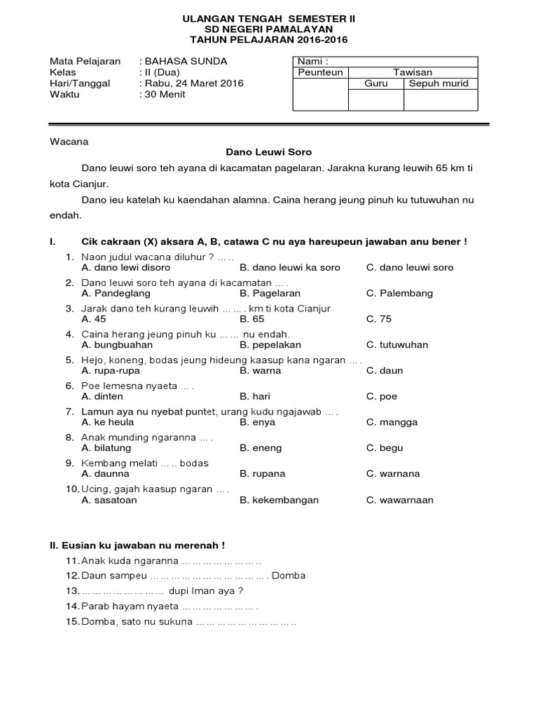 Soal Uts Kelas 2 Sd Bahasa Sunda Semester 2 Pdf