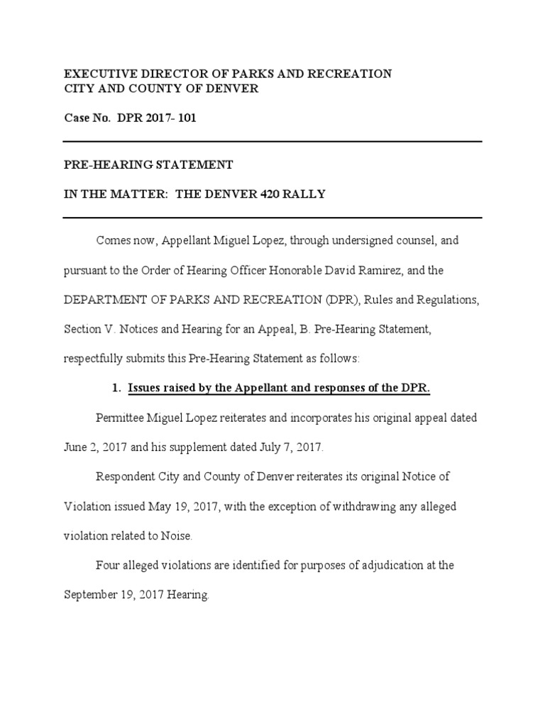 Denver 420 Rally: Organizer's Pre-Hearing Statement | PDF | Denver | Appeal