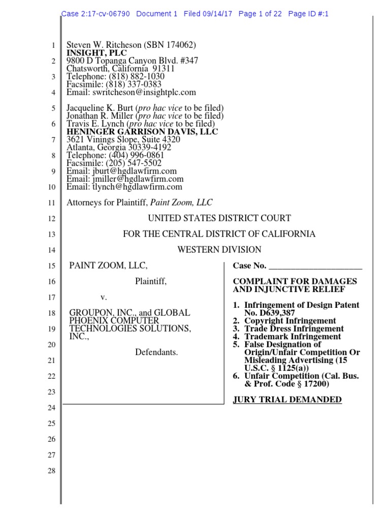 Paint Zoom v. Groupon - Complaint | PDF | Trademark | Complaint
