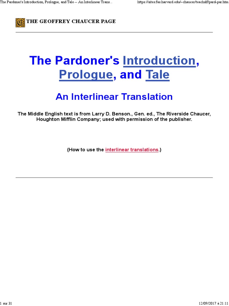 The Pardoner's Introduction, Prologue, and Tale - An Interlinear ...