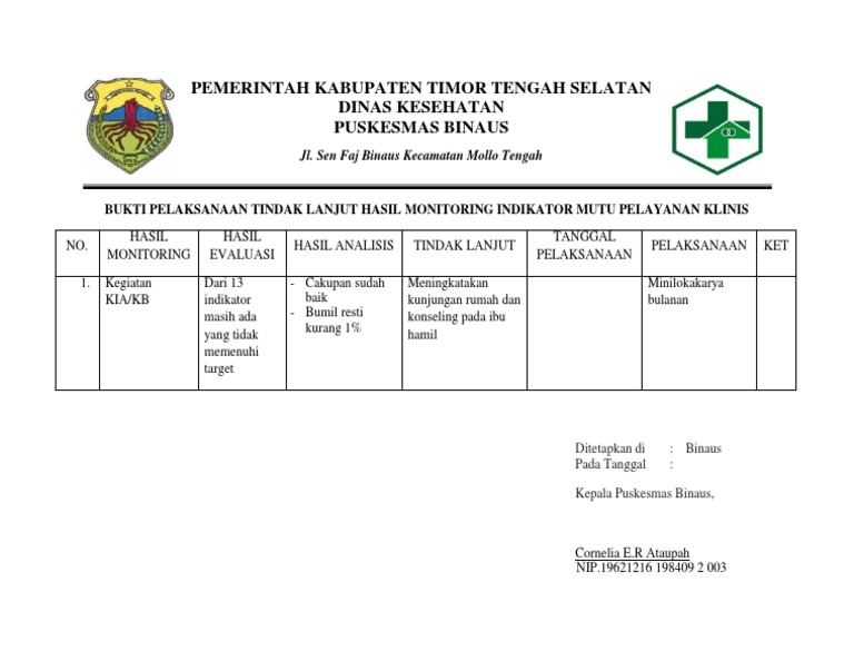 Bukti Pelaksanaan Tindak Lanjut Hasil Monitoring Indikator Mutu Pelayanan Klinis | PDF