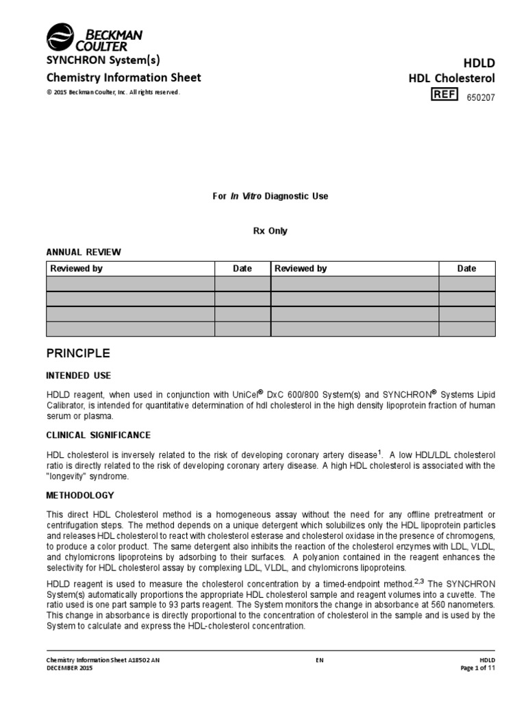 SYNCHRON System(s) Chemistry Information Sheet HDL Cholesterol | PDF ...