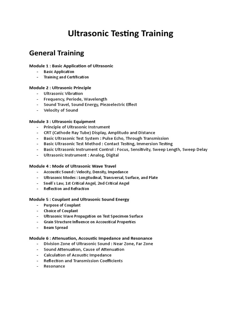 Ultrasonic Testing Training Outline | PDF | Ultrasound | Nondestructive ...