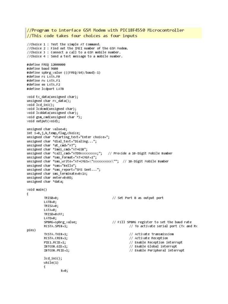 Program To Interface GSM Modem With PIC18F4550 Microcontroller | PDF | Areas Of Computer Science ...