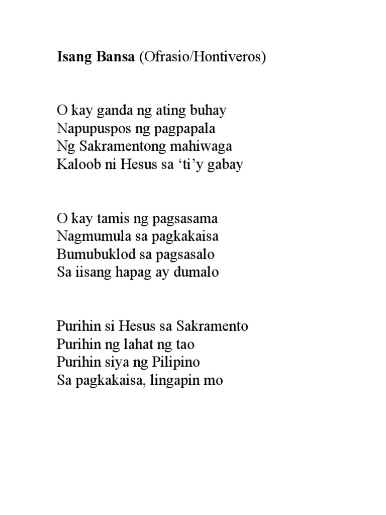 LYRICS - Isang Bansa (Ofrasio-Hontiveros) | PDF