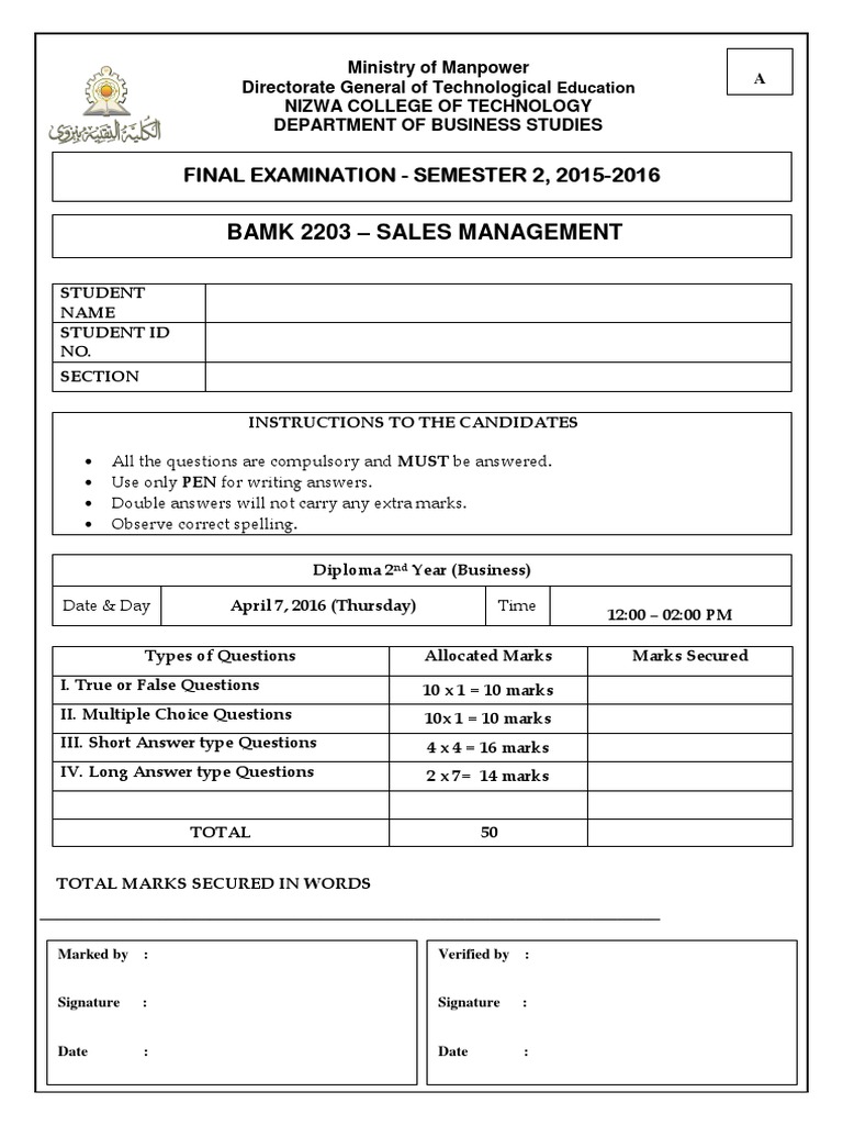 Model Final Exam - Sales Management | PDF | Gross Margin | Sales