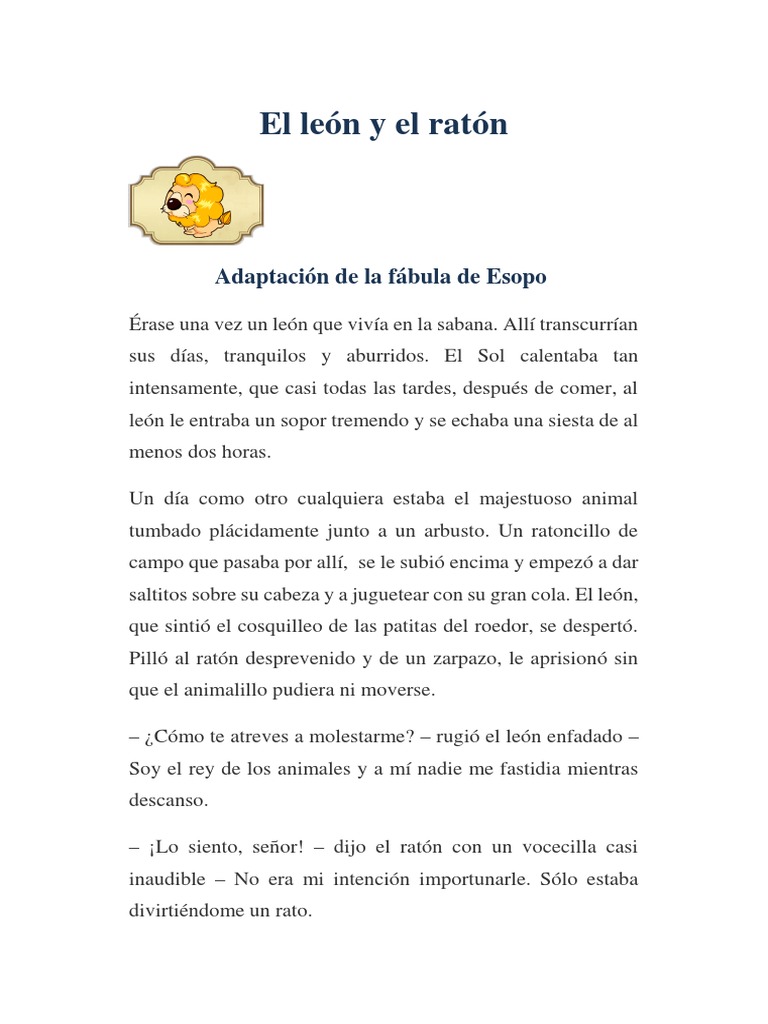 El león y el ratón: fábula de Esopo | PDF | León | Ocio