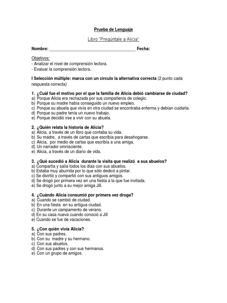 Análisis de comprensión lectora del libro "Pregúntale a Alicia | PDF