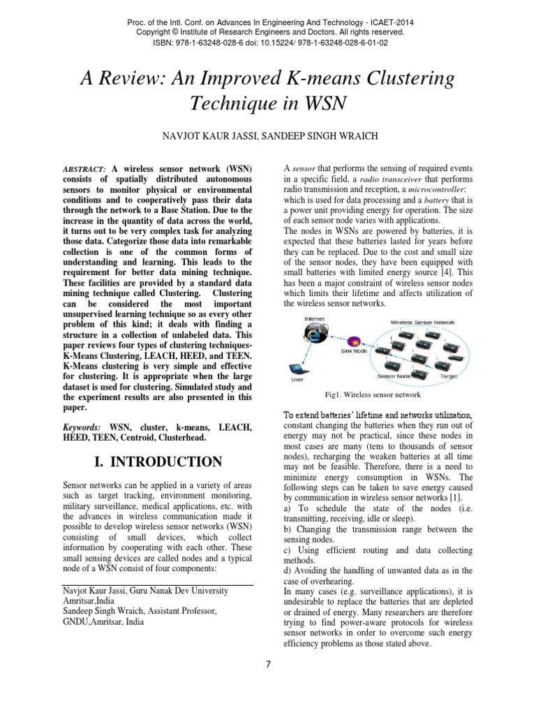 A Review: An Improved K-Means Clustering Technique in WSN: Navjot Kaur Jassi, Sandeep Singh ...