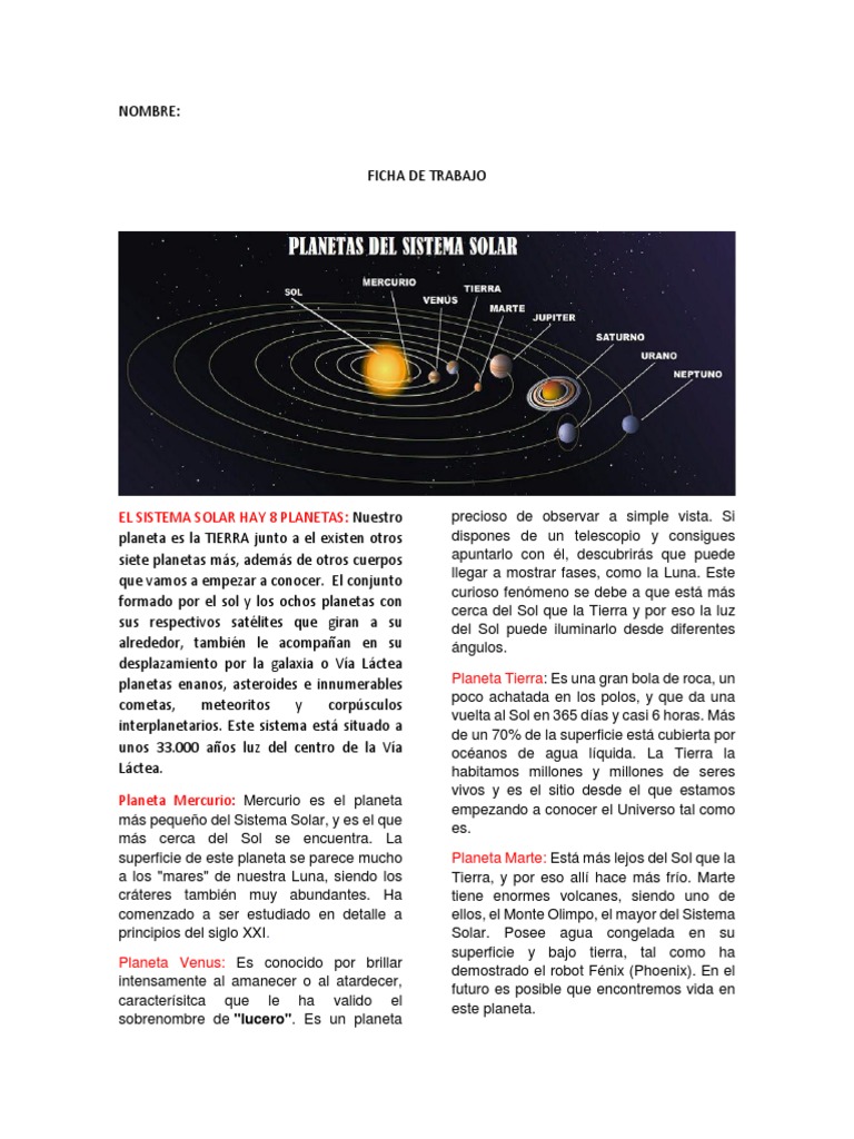 Hojas De Trabajo Sobre El Sistema Solar Interior